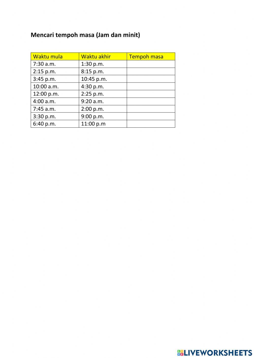 Tempoh Masa (Jam dan minit) worksheet | Live Worksheets