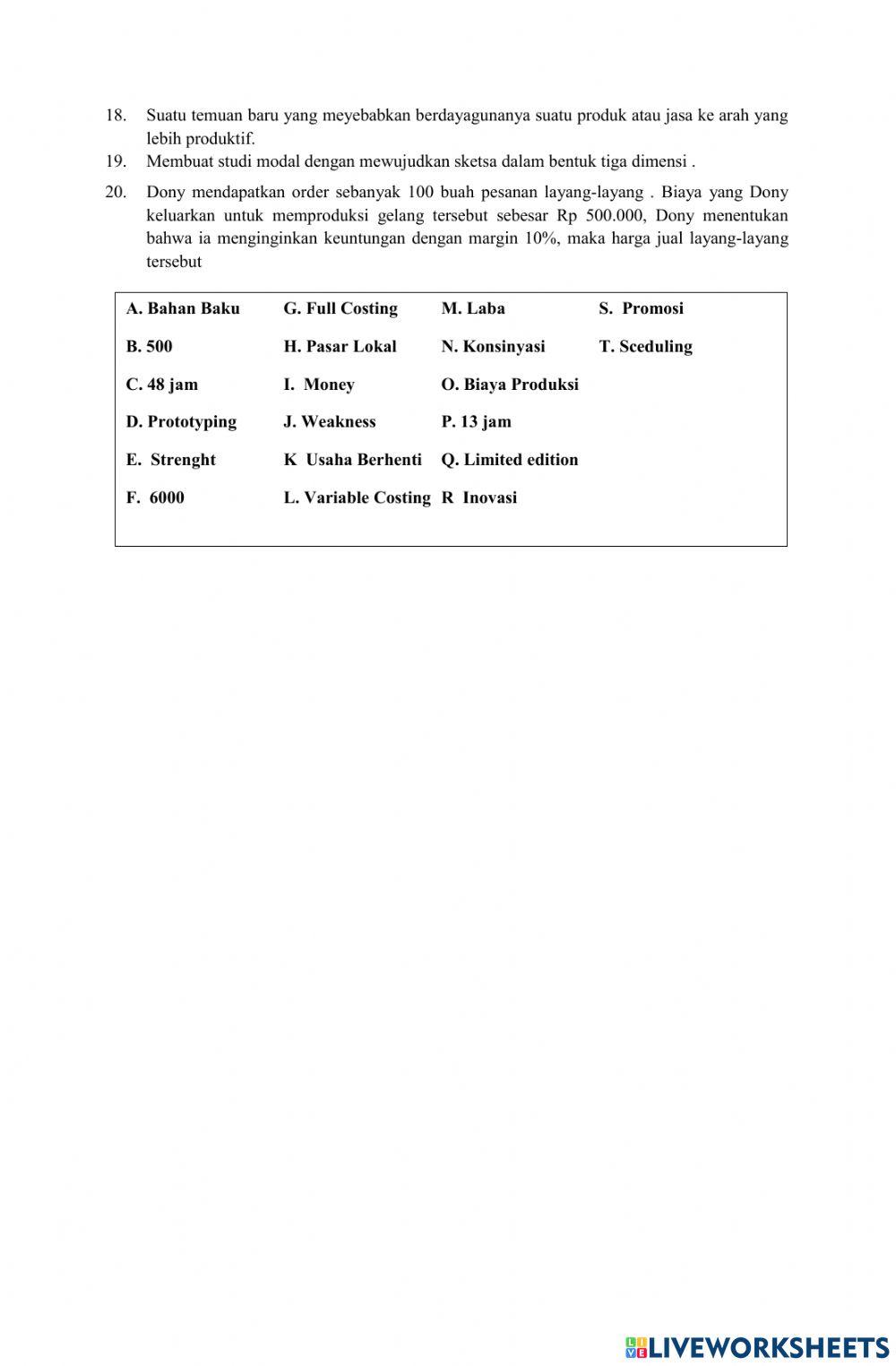 Wirausaha kerajinan pasar lokal worksheet | Live Worksheets