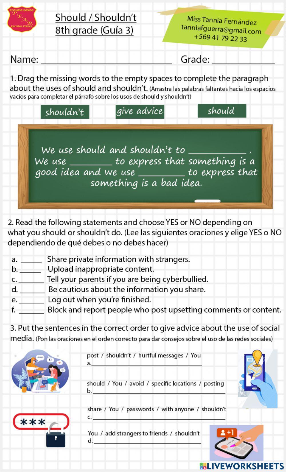 Should - Shouldn't 8th grade (Guía 3) 3707002 | Tannia