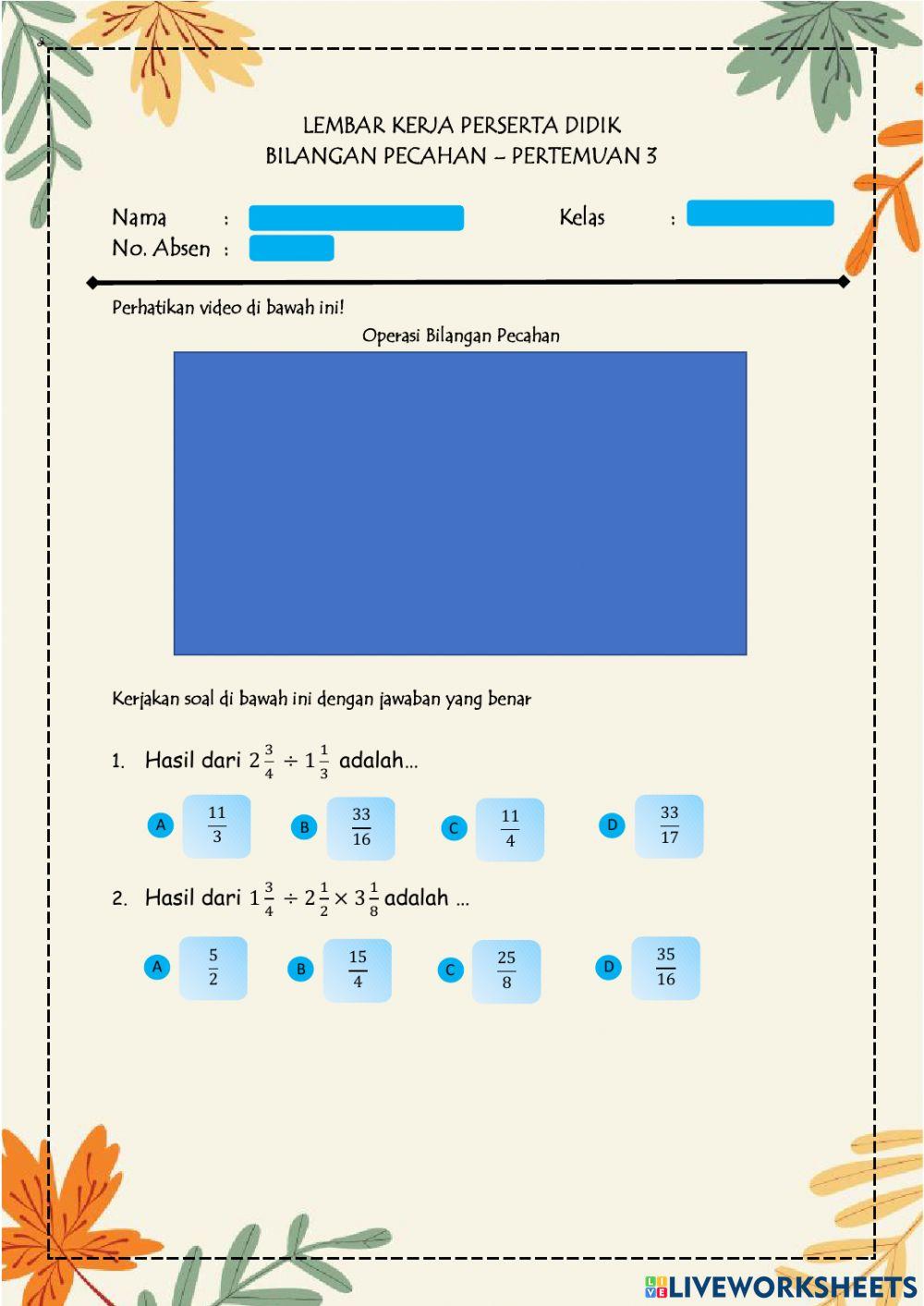 Operasi Bilangan Pecahan 2 interactive worksheet | Live Worksheets