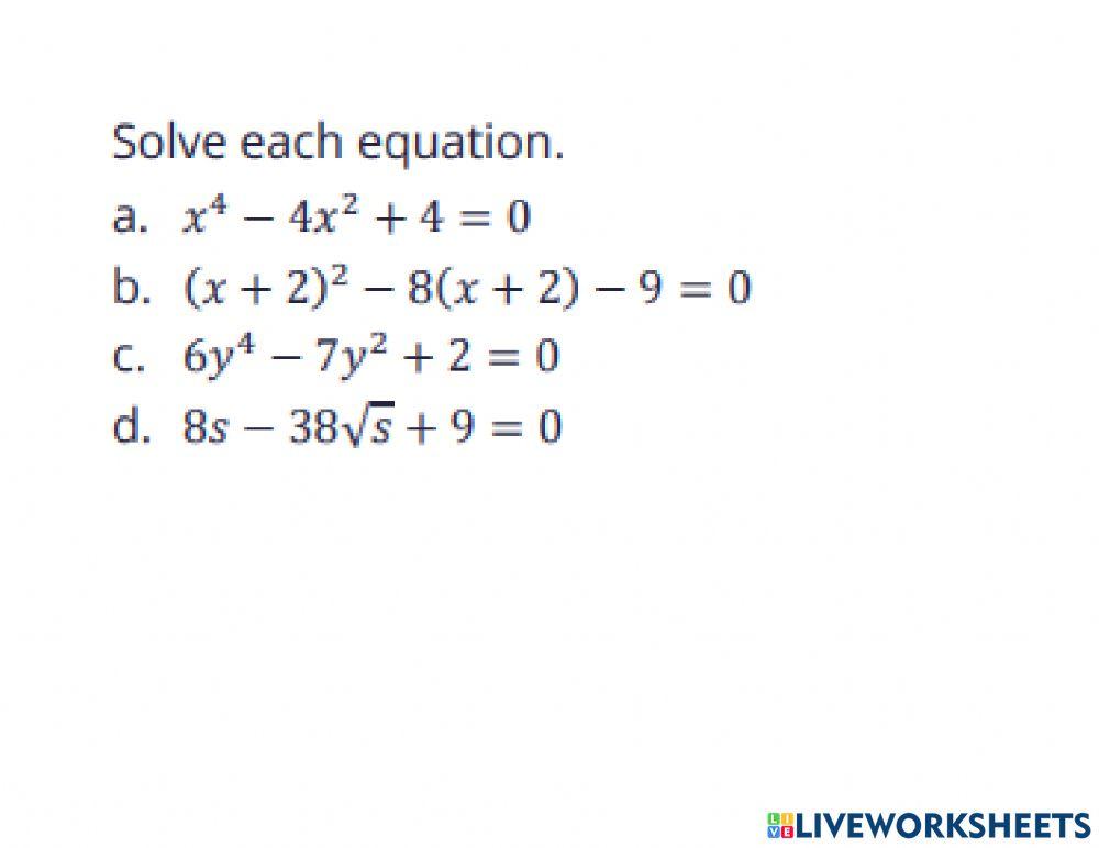 Solving Equations transformable to quadratic equations online exercise ...
