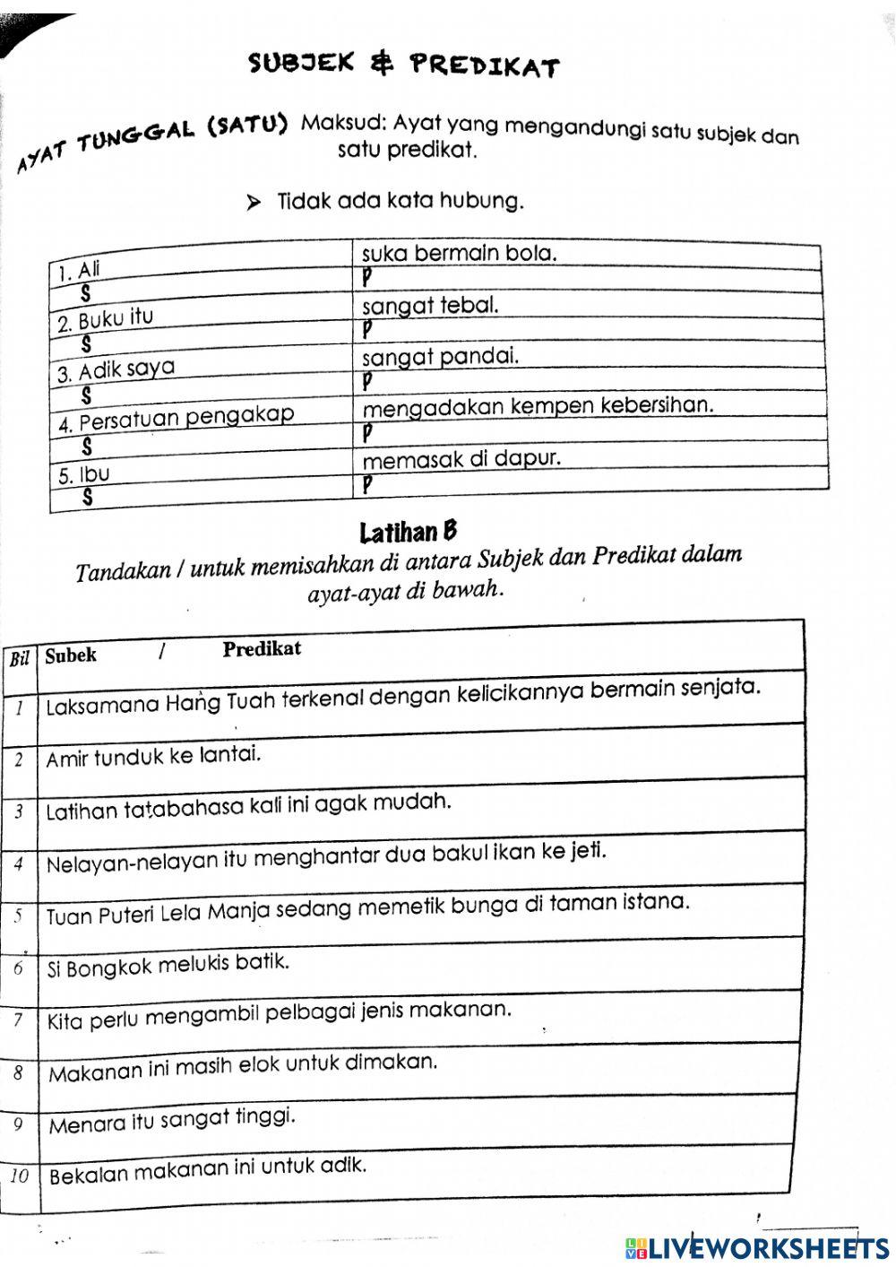 Subjek dan Predikat | Live Worksheets