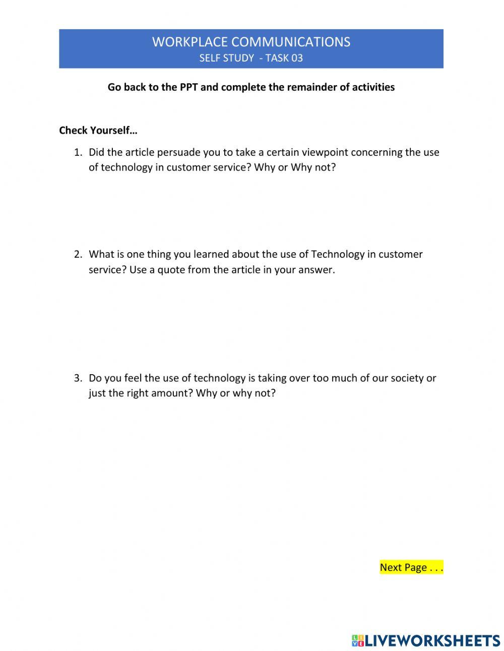 WC Self Study 03: Technology and Customer Service worksheet | Live ...