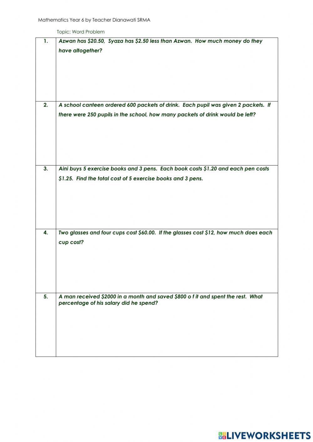 written maths problems year 6