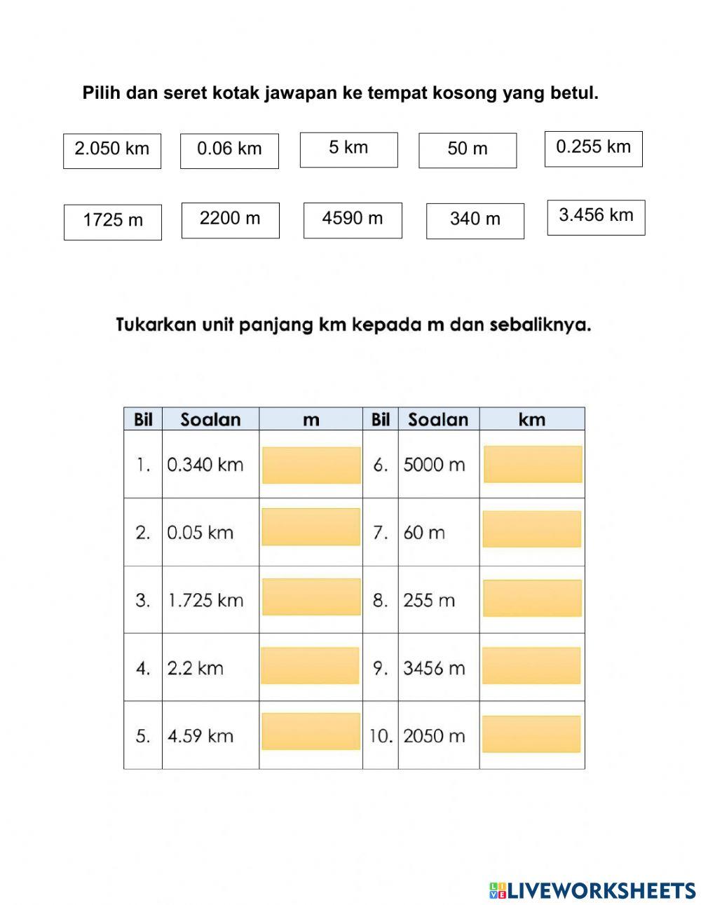 Panjang Matematik exercise | Live Worksheets