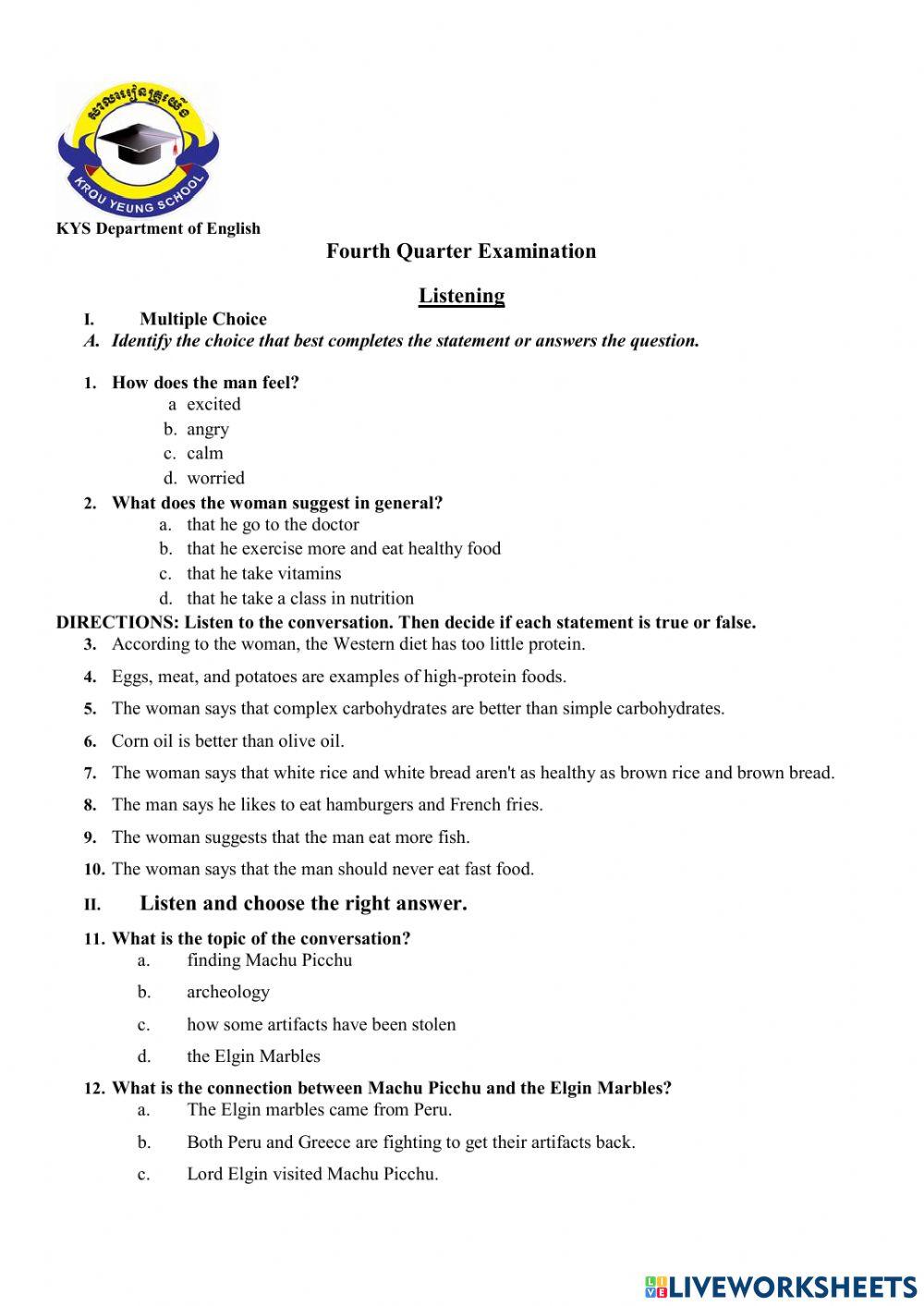 Listening Exam English as a Second Language (ESL) exercise | Live ...