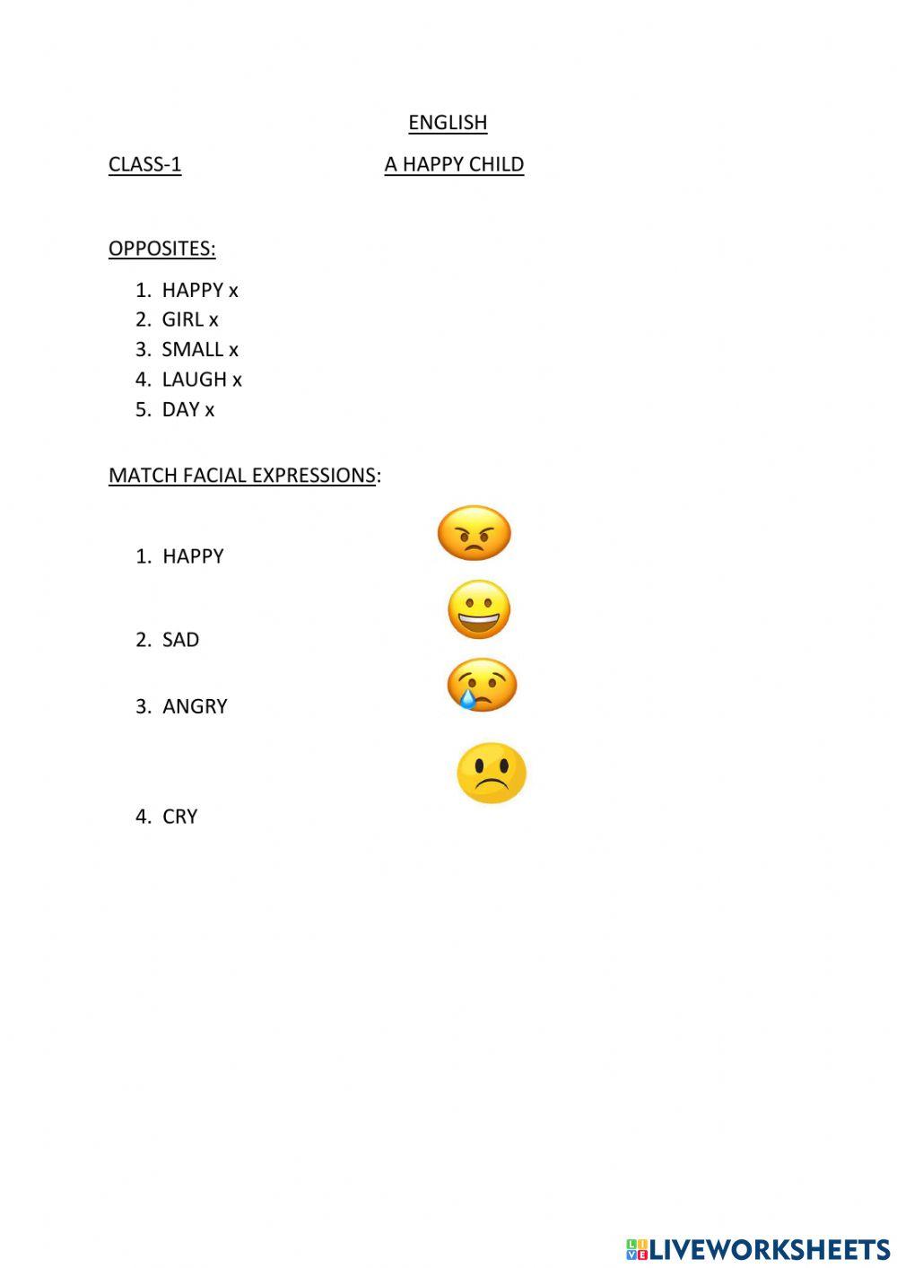Happy Child Class1 worksheet | Live Worksheets