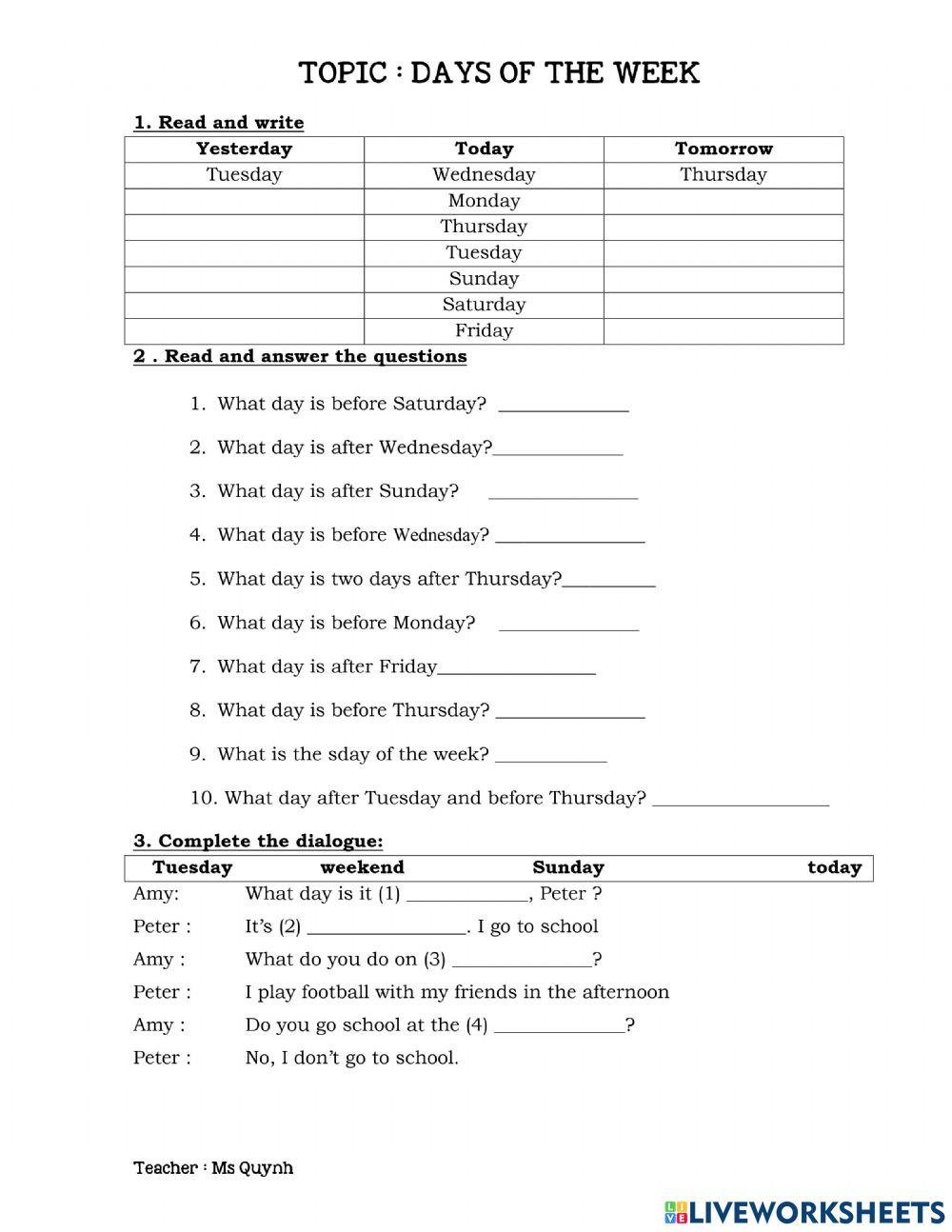 Days of the week online exercise for Grade 4 | Live Worksheets