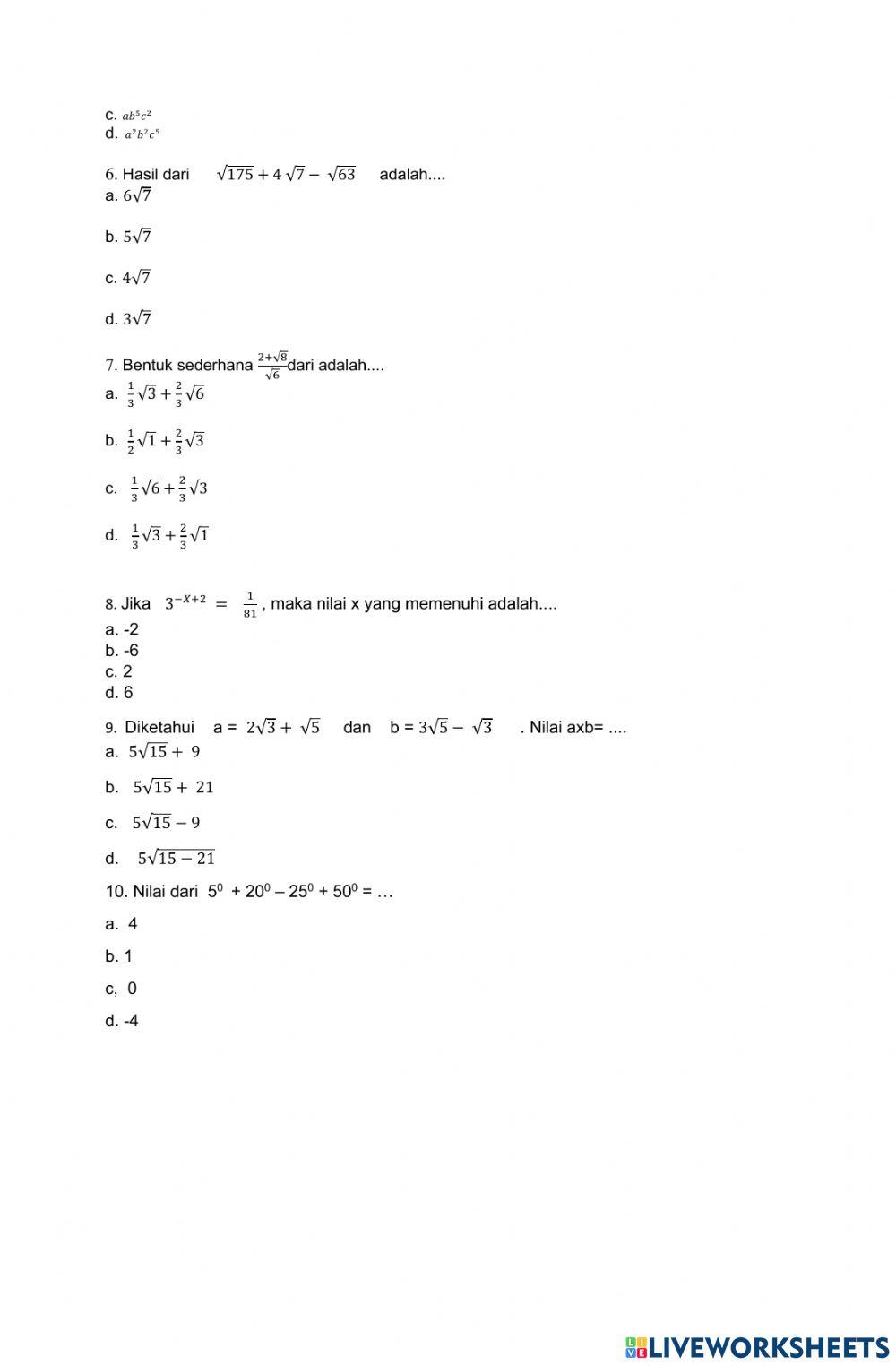 Aljabar online activity for 3 | Live Worksheets