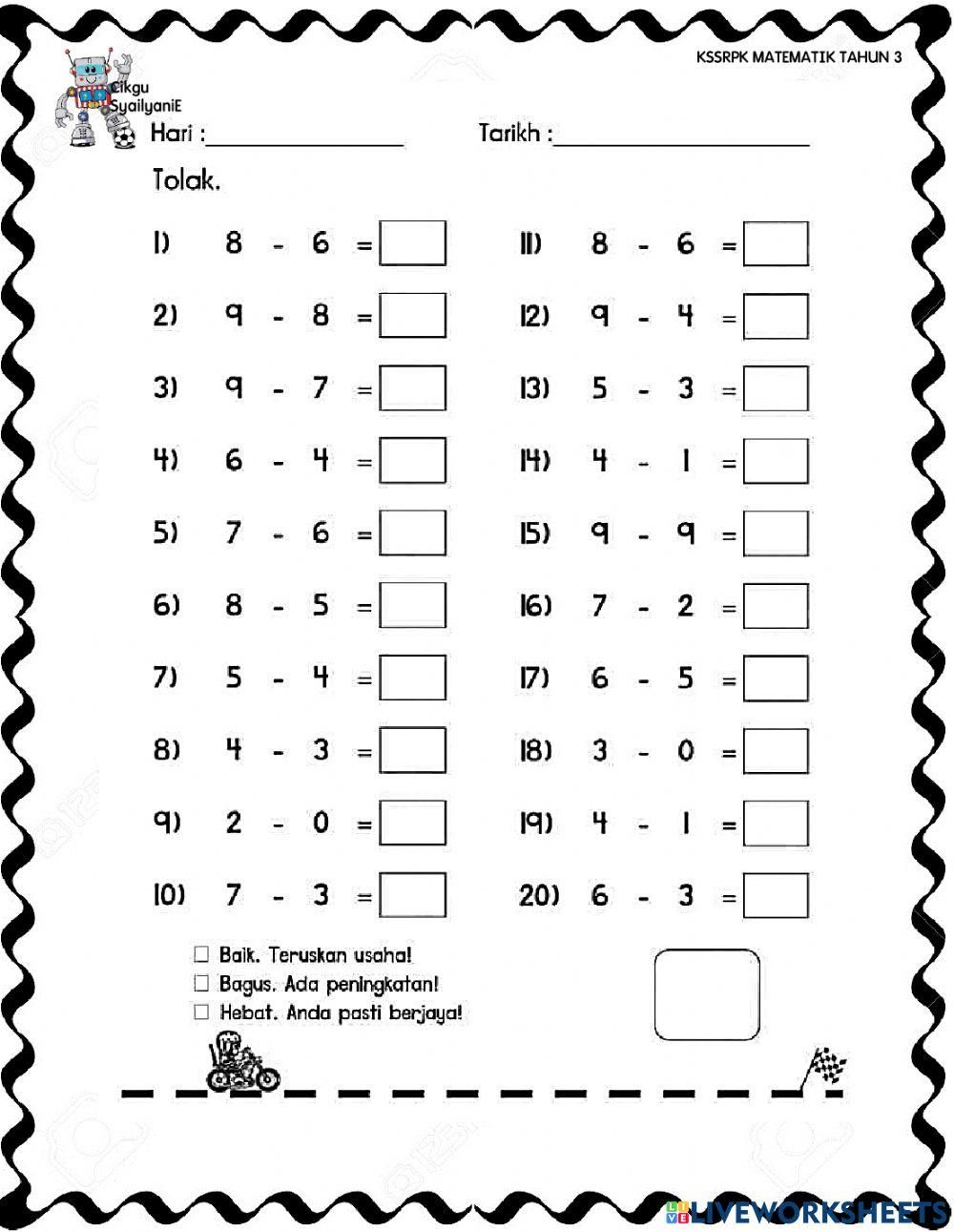 Operasi Tolak | syailyanie | Live Worksheets