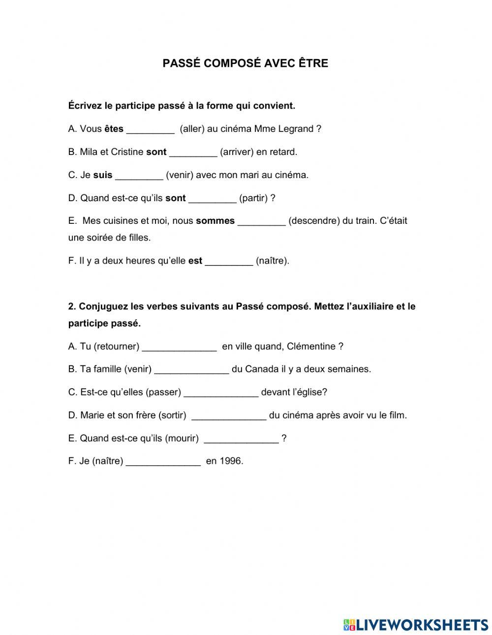 Passé Composé Online Exercise For 10e A2 Live Worksheets