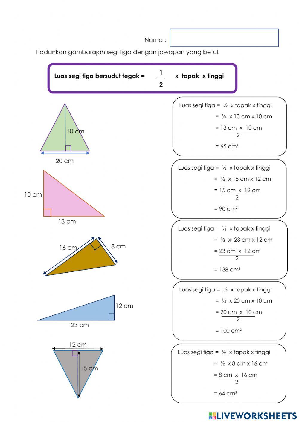 Padankan luas segi tiga dengan gambarajah yang betul worksheet | Live ...