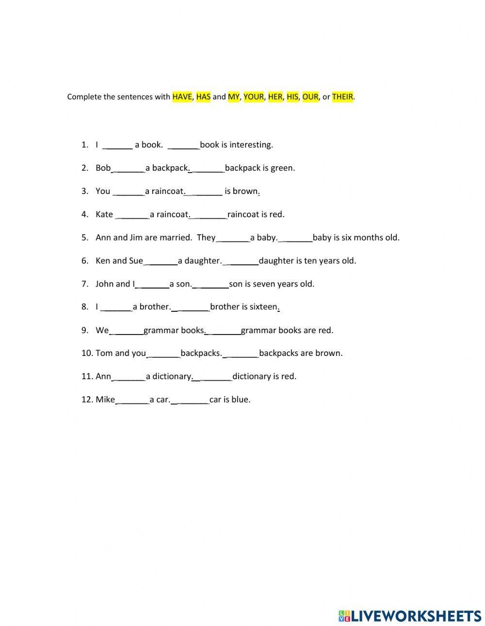 Have- has and p… | Free Interactive Worksheets | 1284813