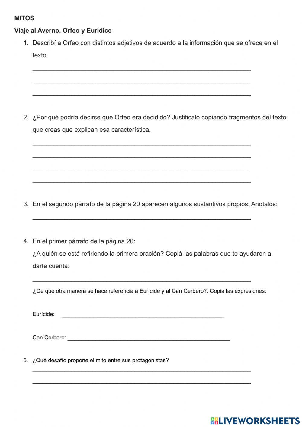 Mito viaje al averno worksheet | Live Worksheets
