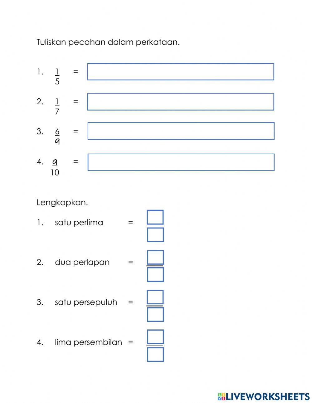 Pecahan online exercise for Grade 2 | Live Worksheets