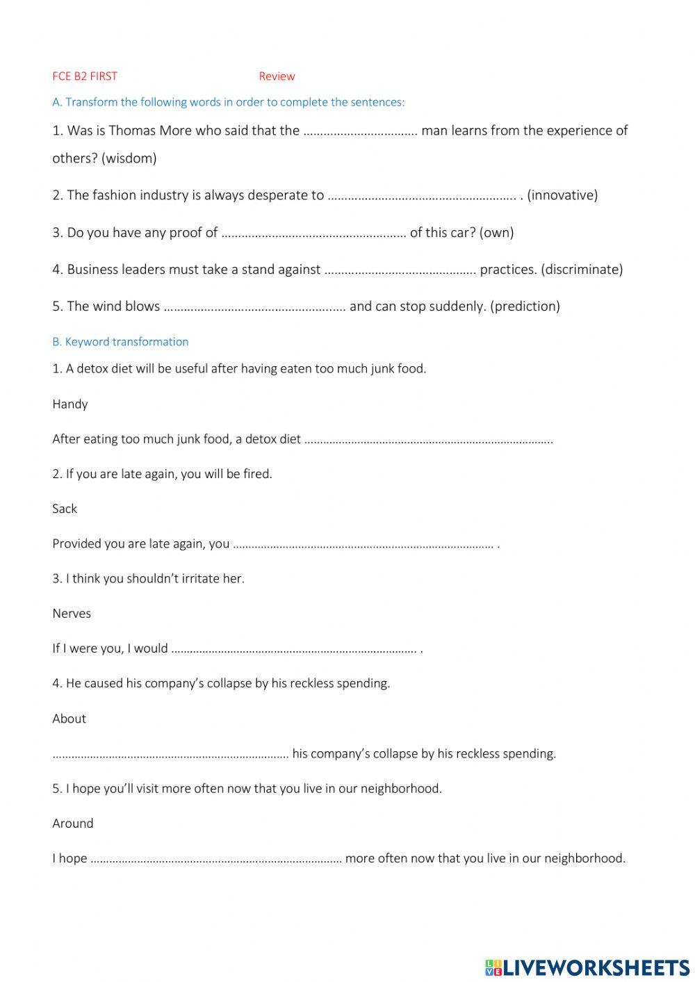 FCE Review A | mayumeche | Live Worksheets