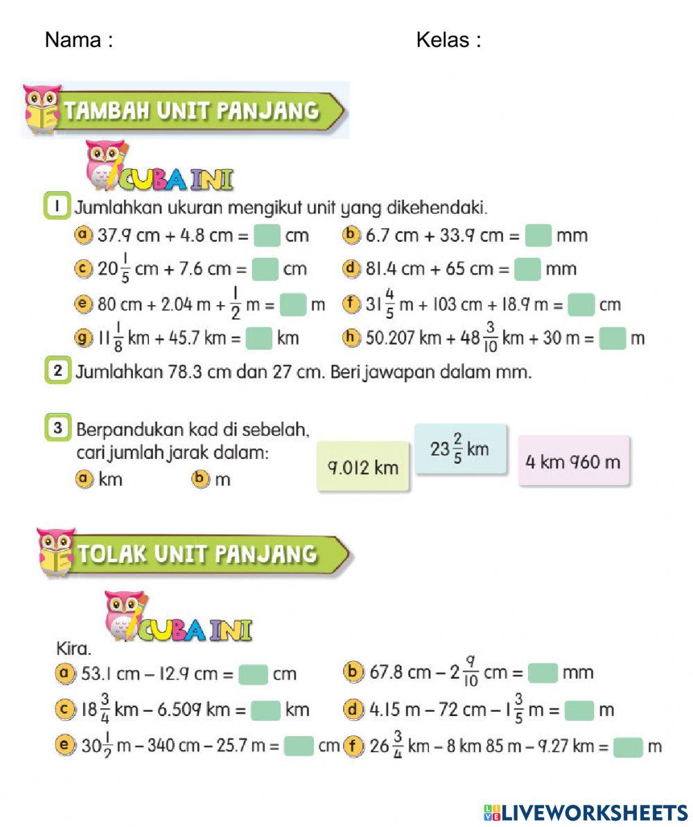 Matematik T5 MS182,184 Tambah & Tolak Unit Panjang worksheet | Live ...