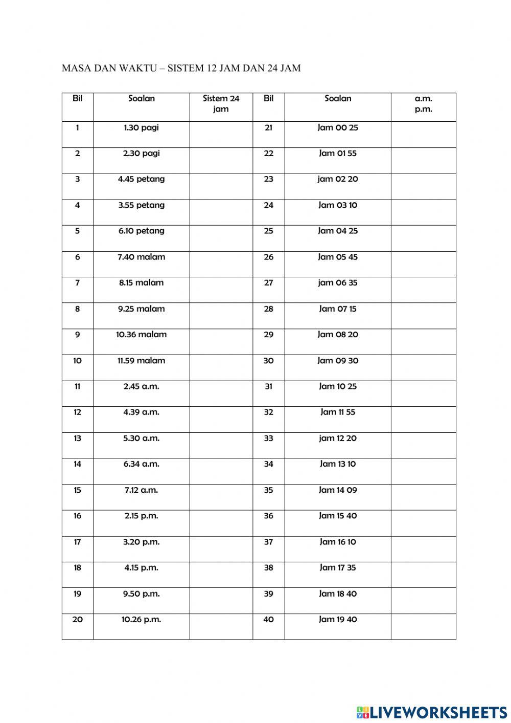 SISTEM 12 JAM DAN SISTEM 24 JAM online exercise for | Live Worksheets