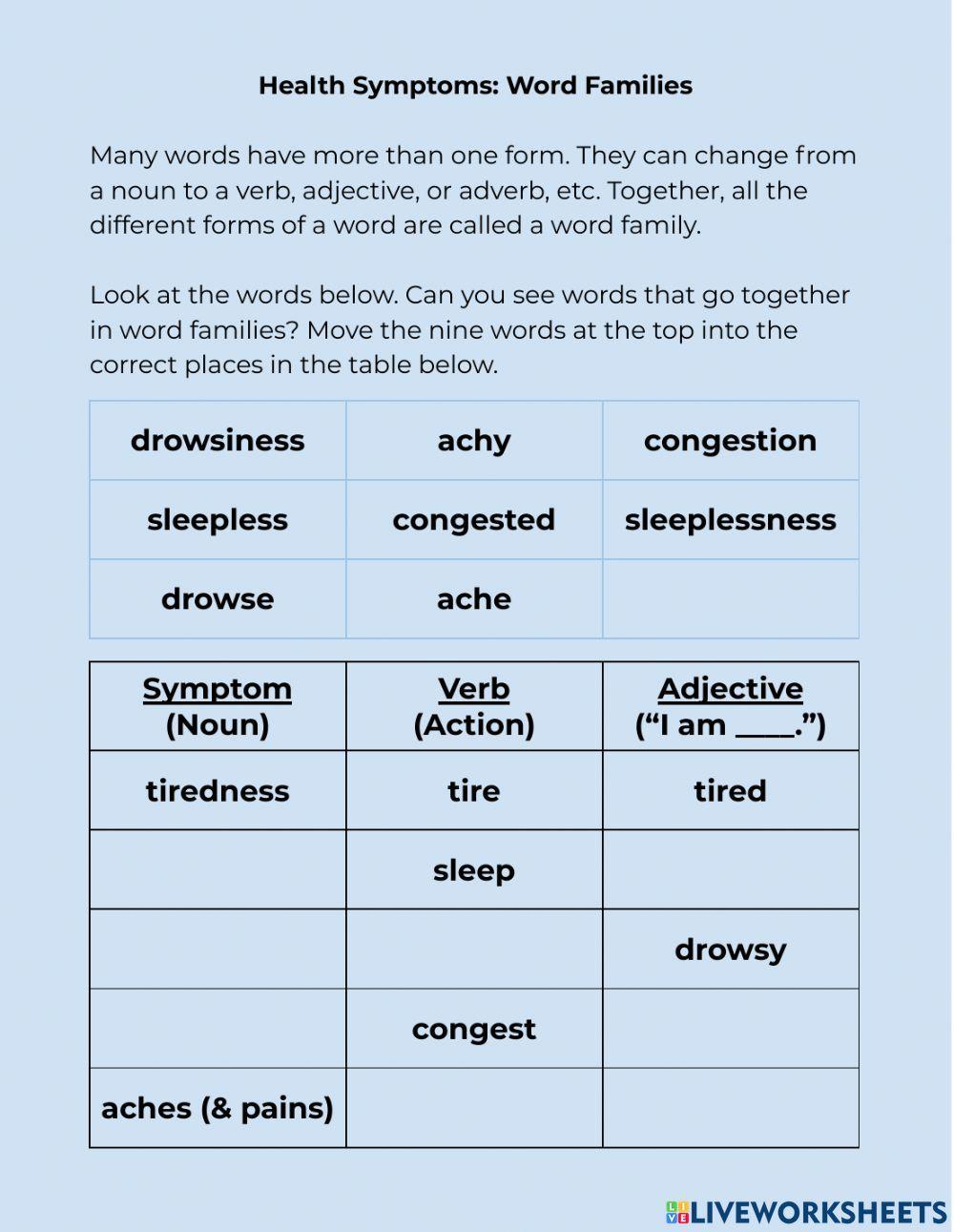 Health Symptoms - Word Families worksheet | Live Worksheets