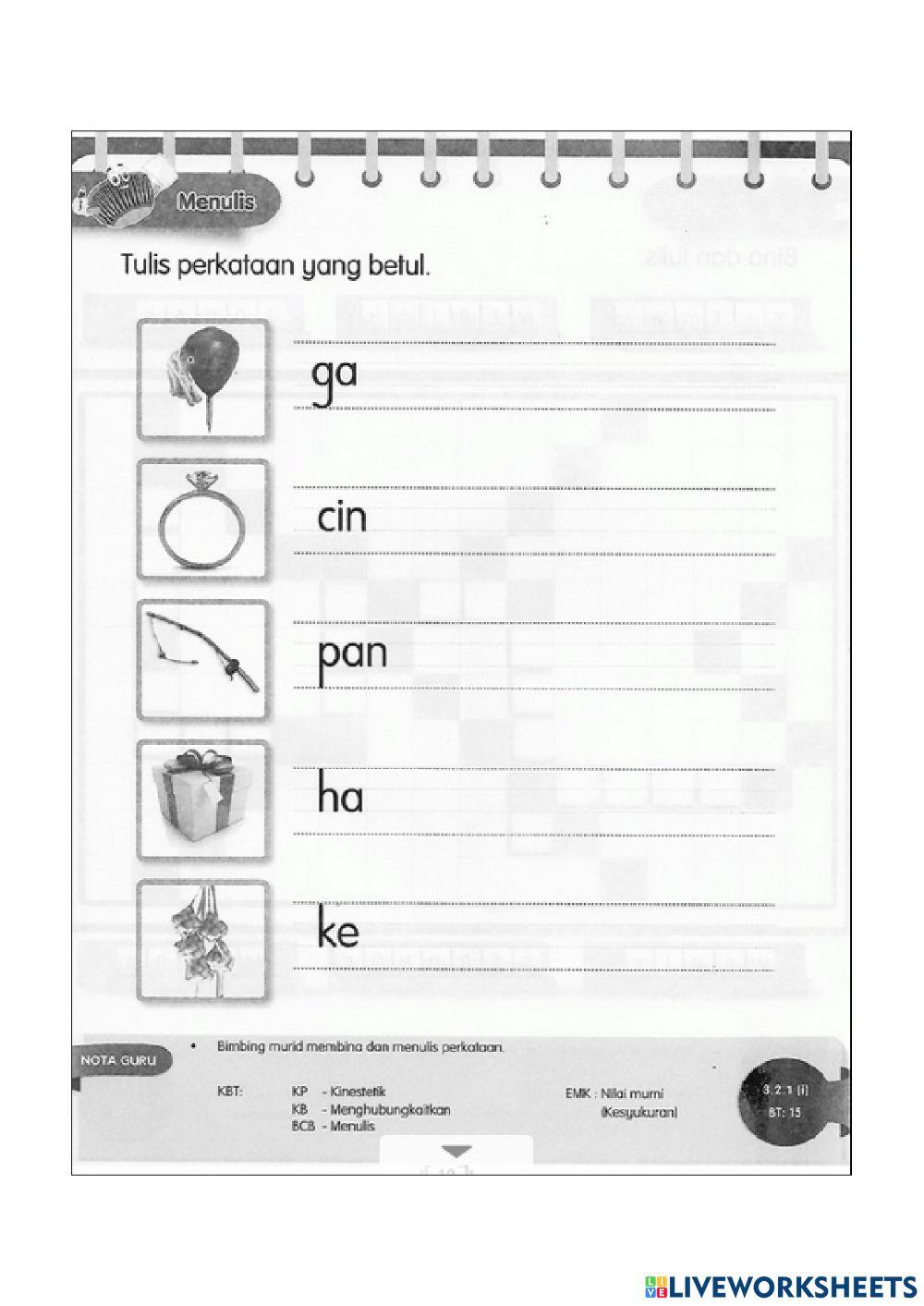 Mengeja dan membatangkan suku kata worksheet | Live Worksheets