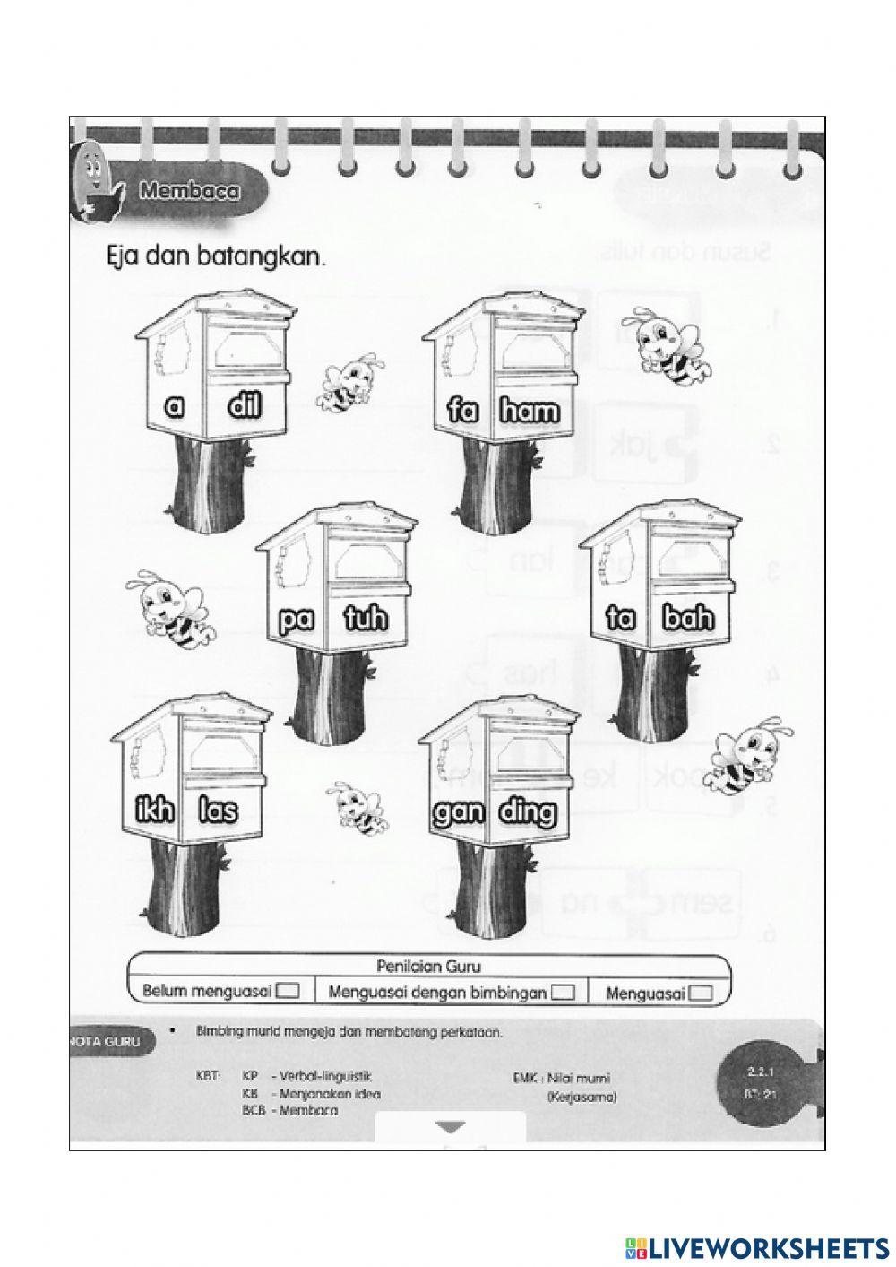 Mengeja dan membatangkan suku kata worksheet | Live Worksheets