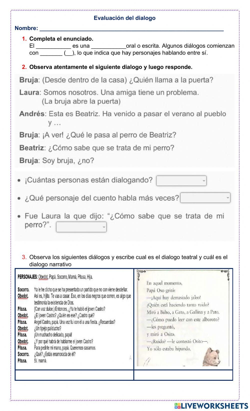Evaluación del dialogo worksheet | Live Worksheets