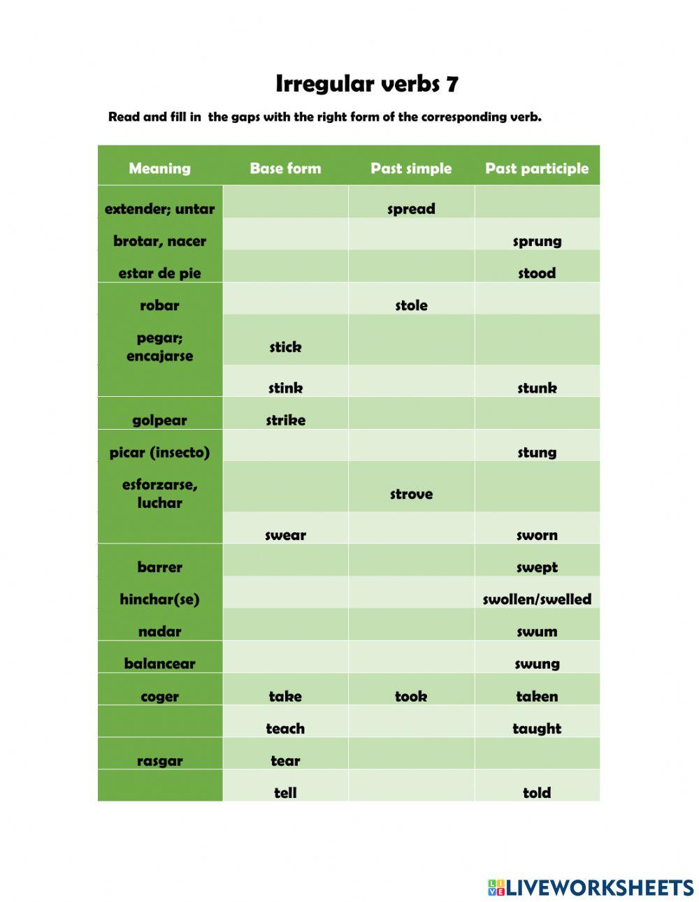 Irregular verbs 7 online worksheet | Live Worksheets