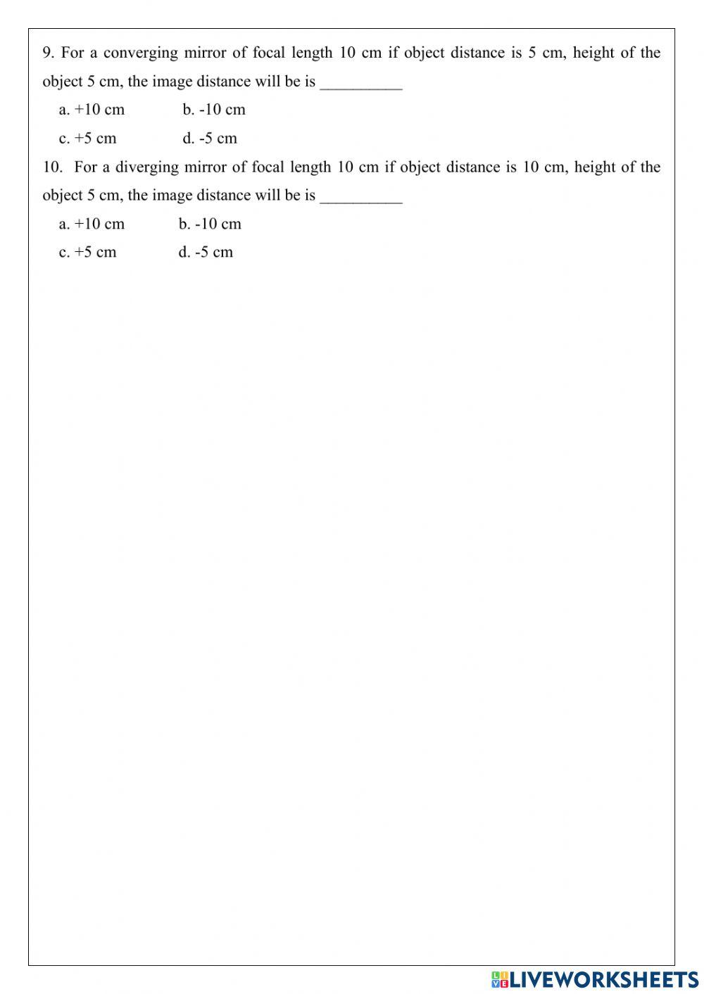 Mirror - Sign Convention worksheet | Live Worksheets