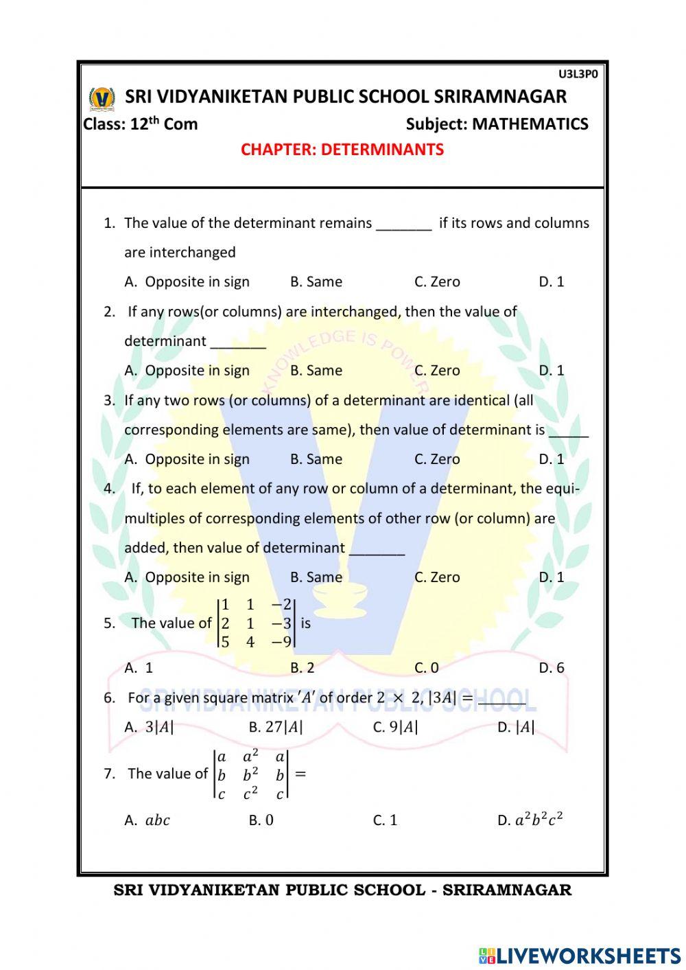 Determinants activity for Grade 12 | Live Worksheets