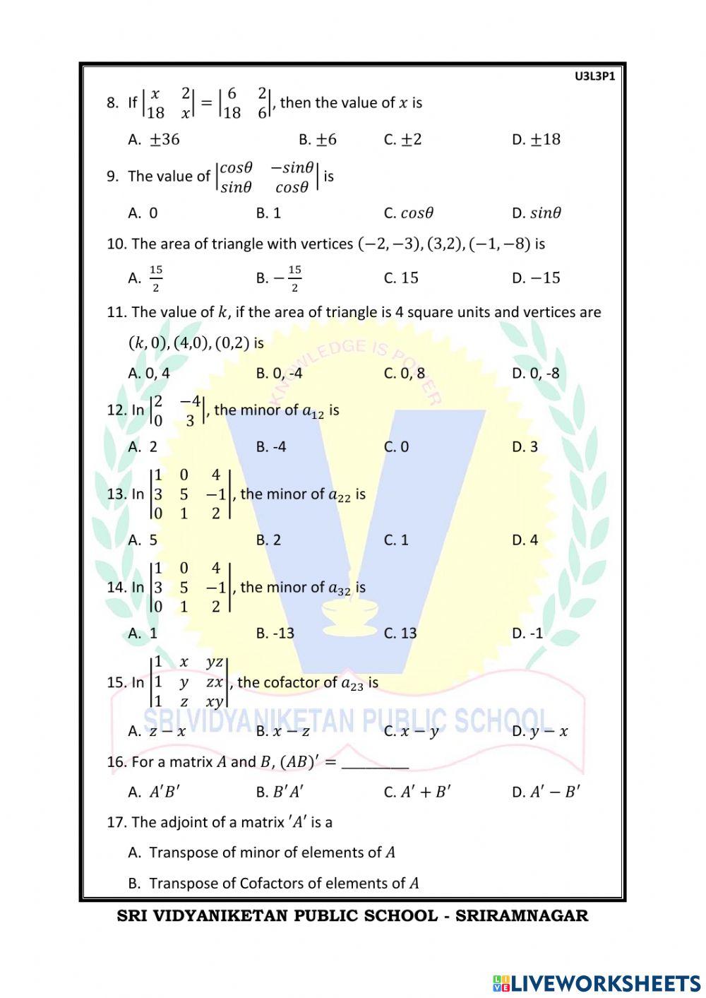 Determinants activity for Grade 12 | Live Worksheets
