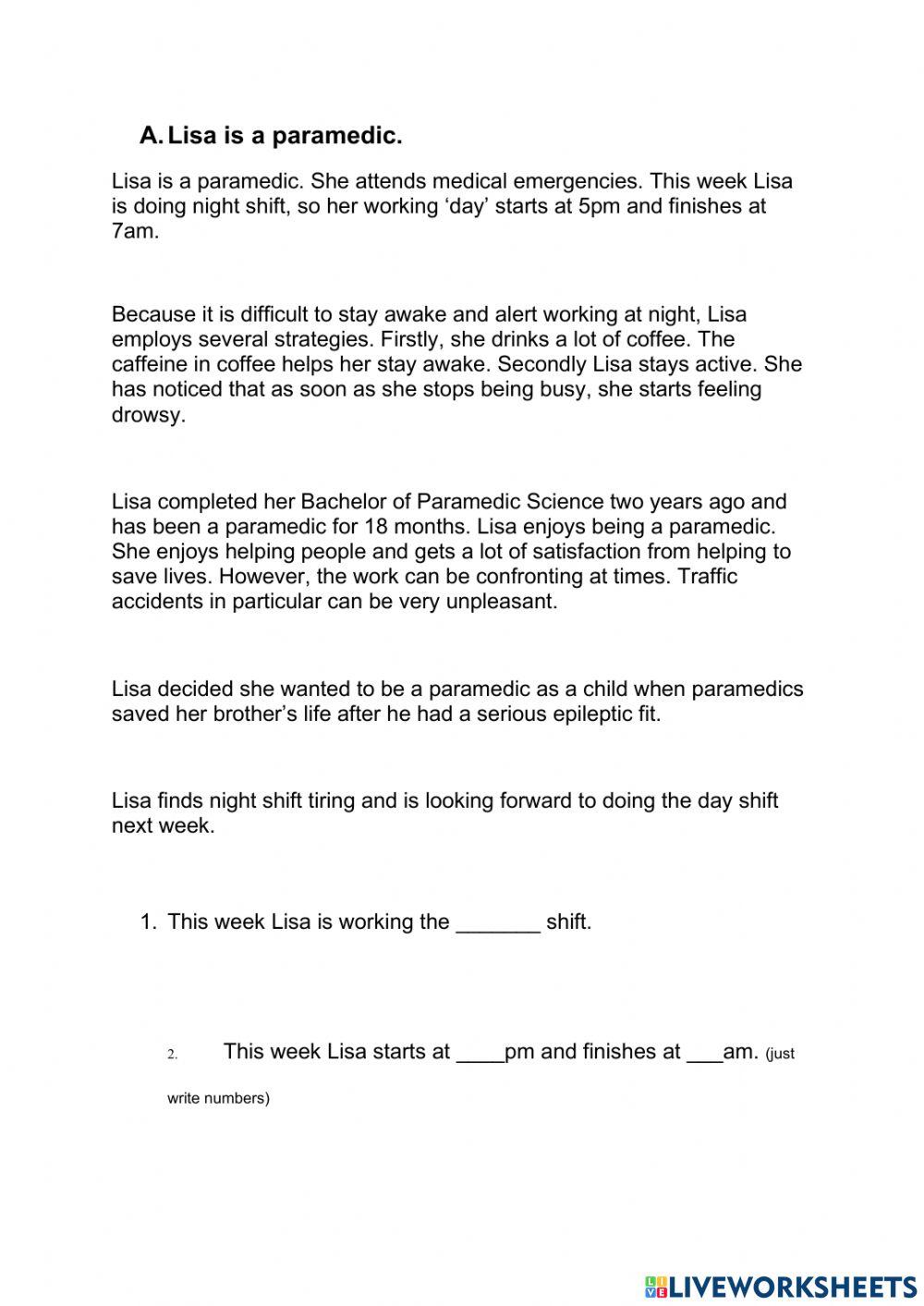 Lisa is a paramedic online exercise for | Live Worksheets