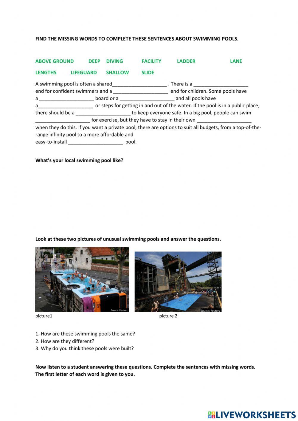 SWIMMING POOLS | Free Interactive Worksheets | 6674247