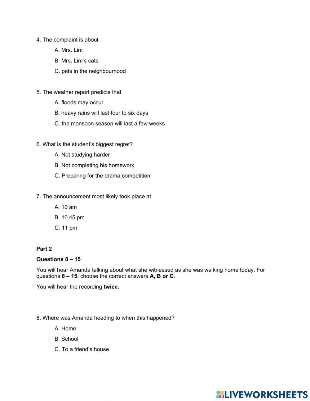 Midterm Assessment F5 (Listening) 2021 worksheet | Live Worksheets