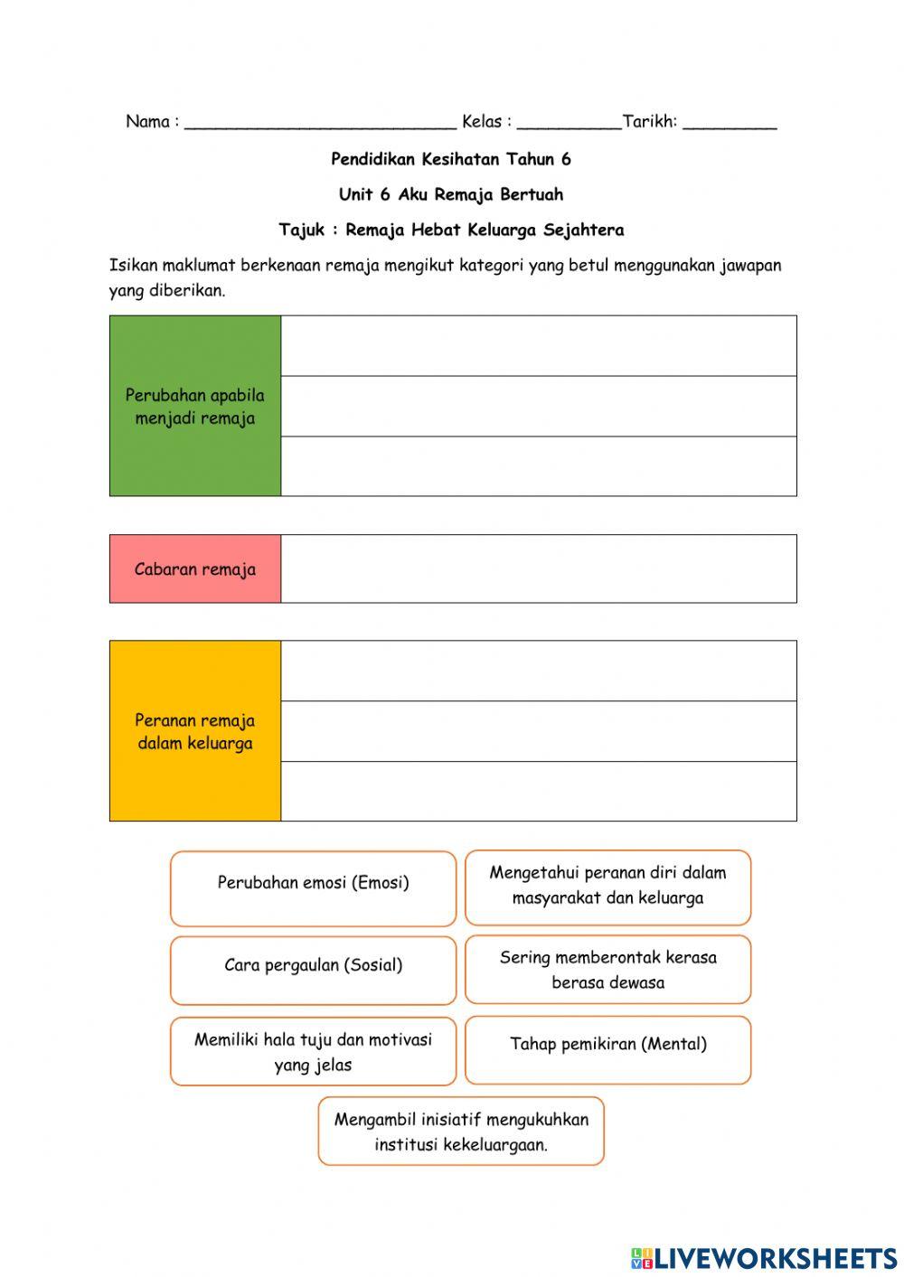 Remaja Hebat Keluarga Sejahtera worksheet | Live Worksheets