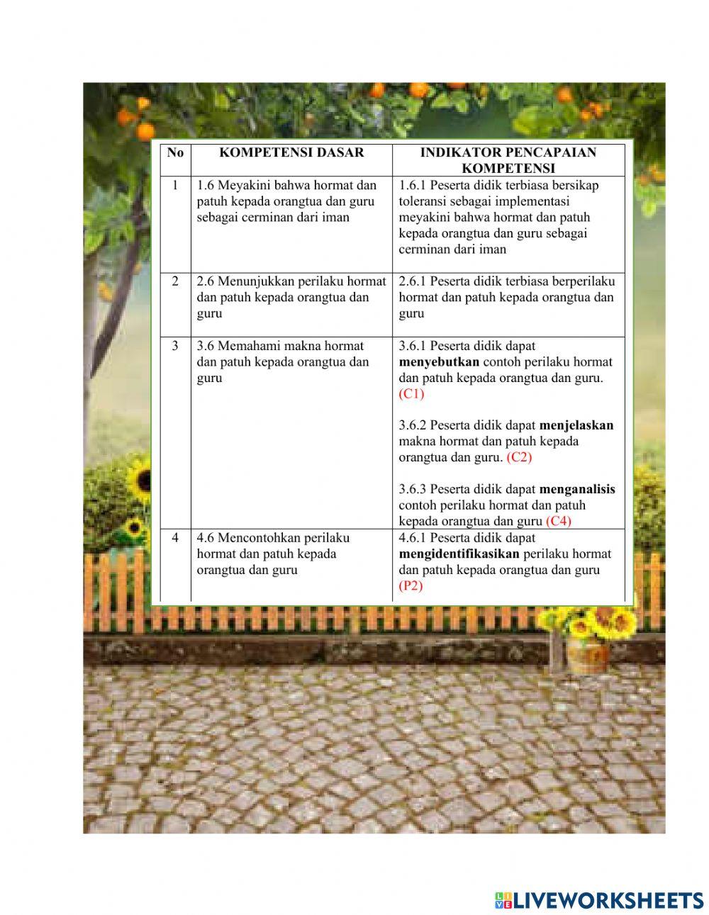 Hormat dan patuh kepada orangtua dan guru worksheet | Live Worksheets