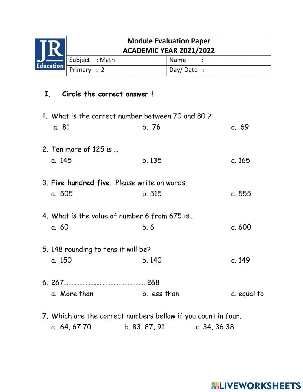 Grade 2 ( Sr Ar… | Free Interactive Worksheets | 1286262