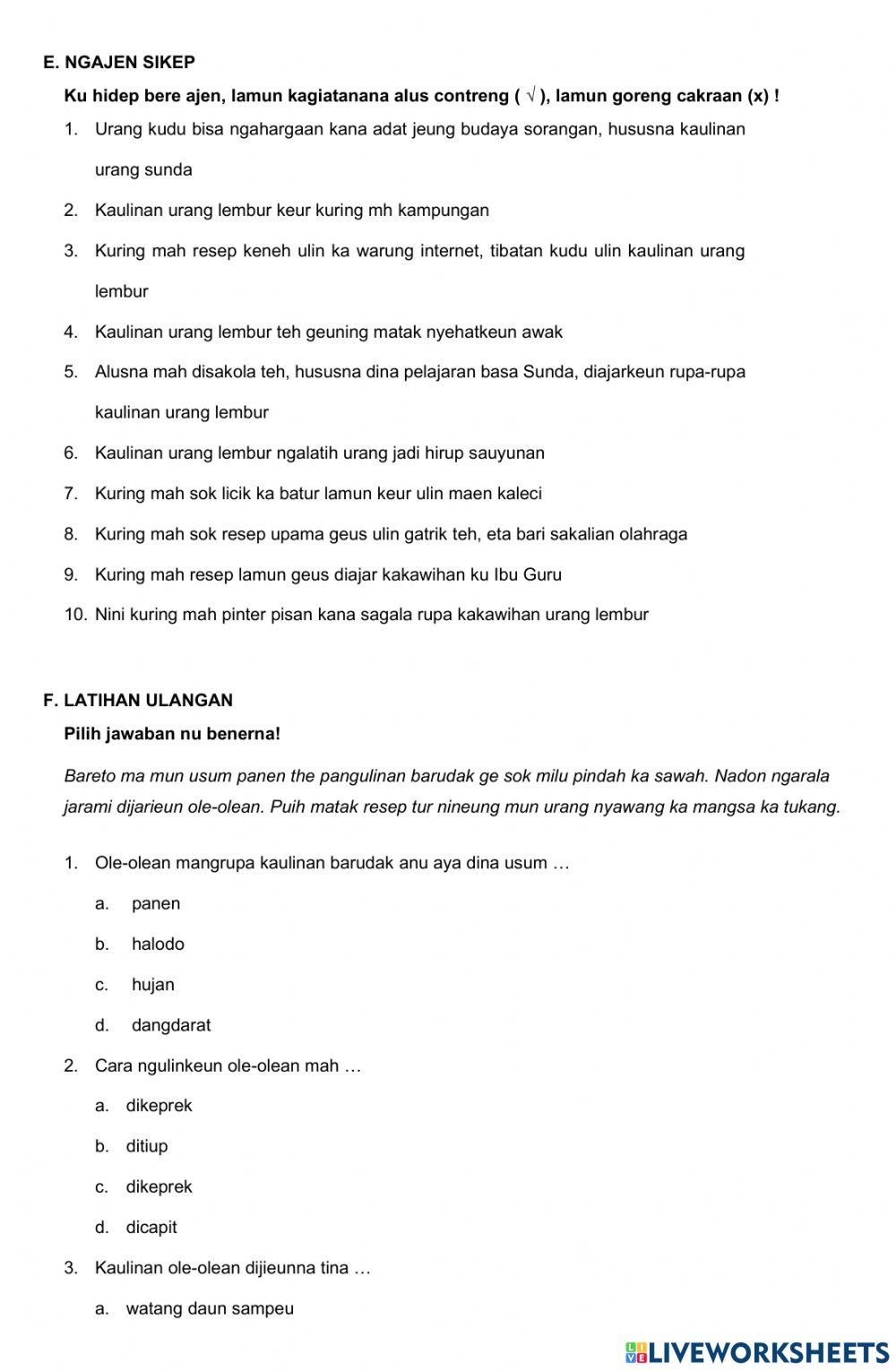 Ulangan basa sunda pangajaran 1 worksheet | Live Worksheets