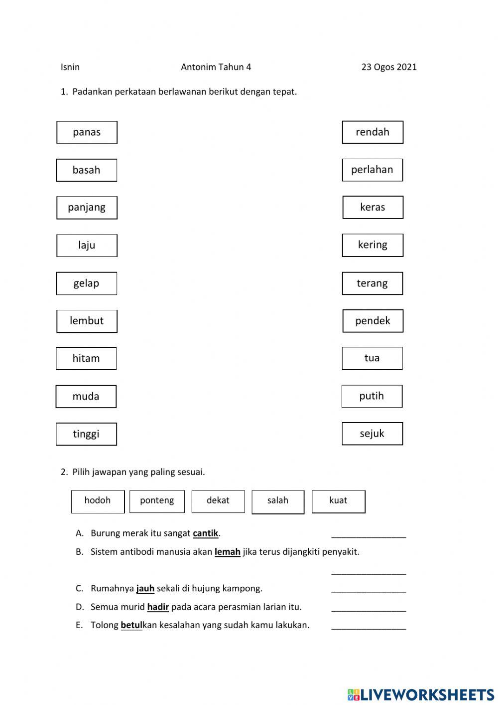 Antonim Tahun 4 2001 | Mas_Ali | Live Worksheets