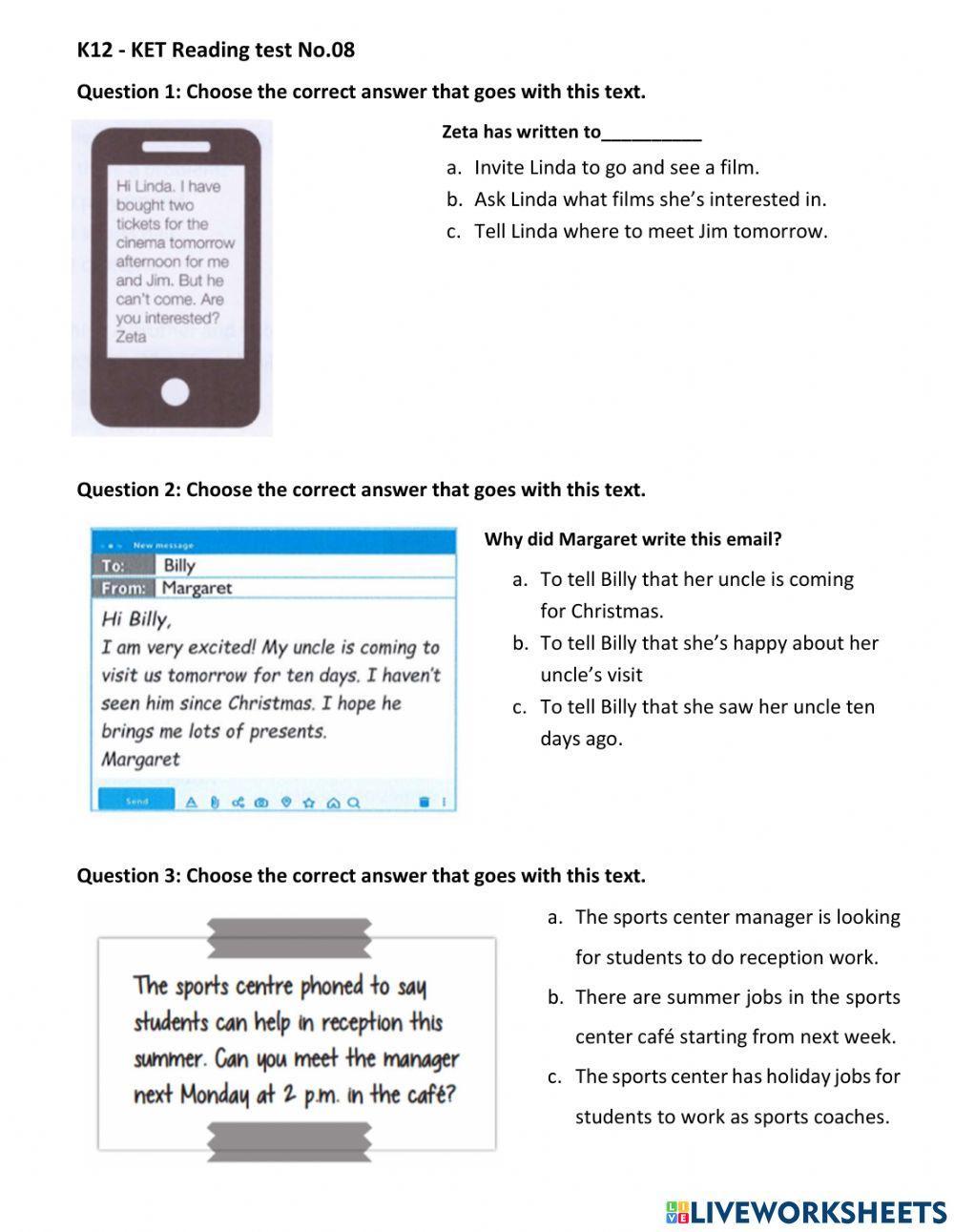 KET Unit 1 Reading Test No 1 worksheet | Live Worksheets