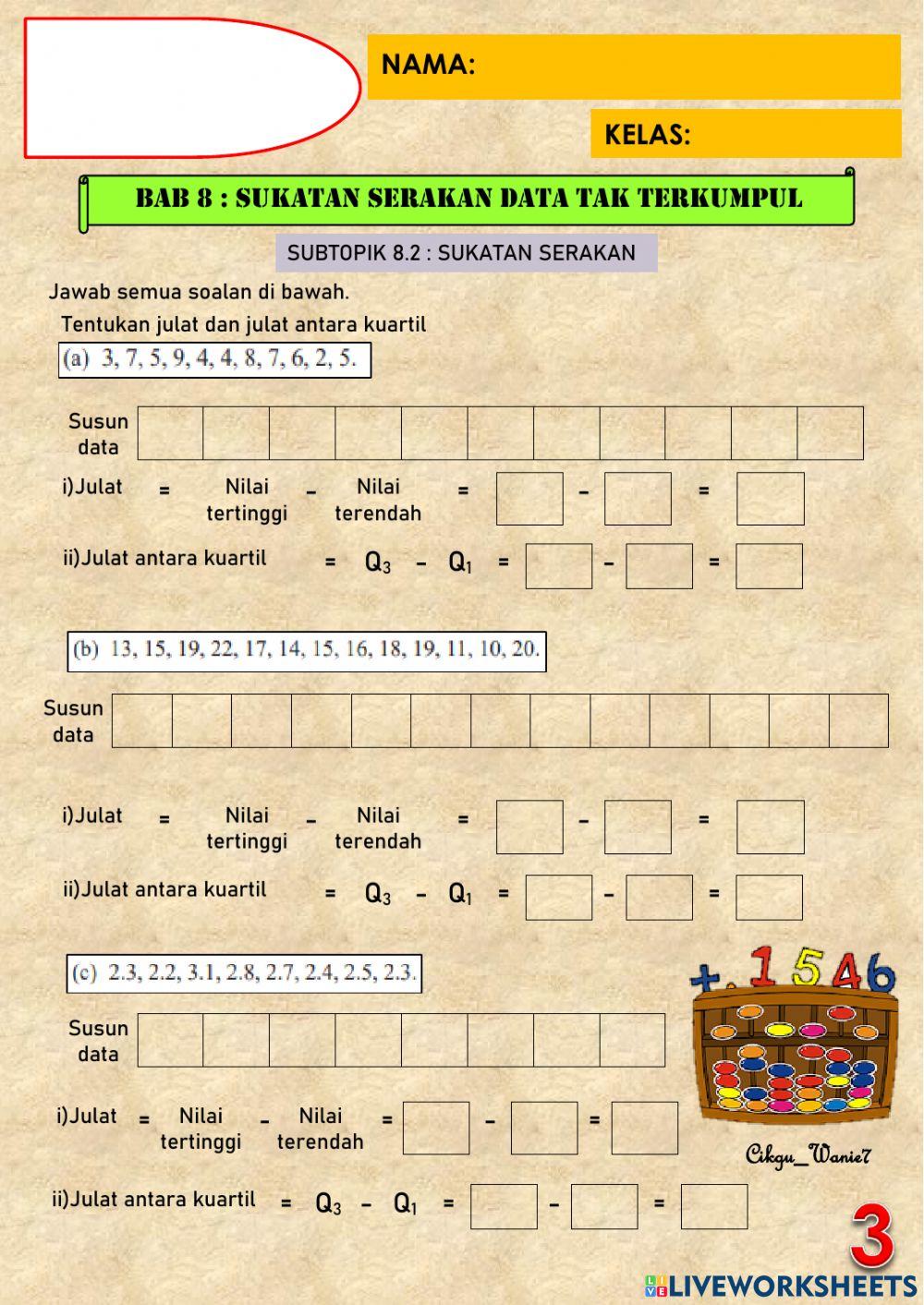 Julat dan julat antara kuartil worksheet | Live Worksheets