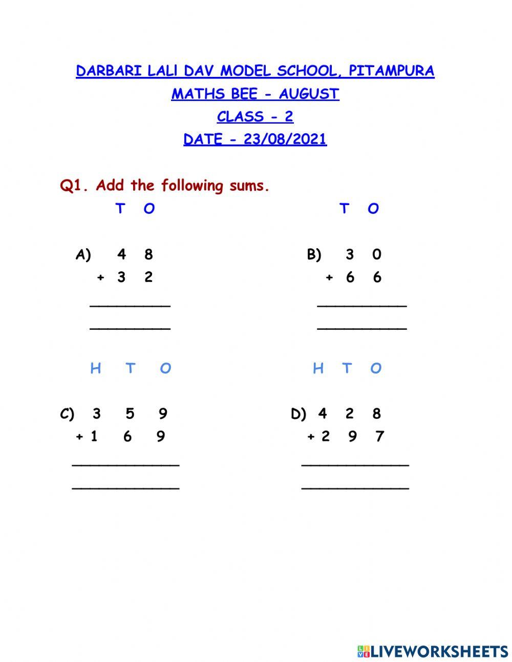 1287078 | Addition | Garima Bhasin | LiveWorksheets