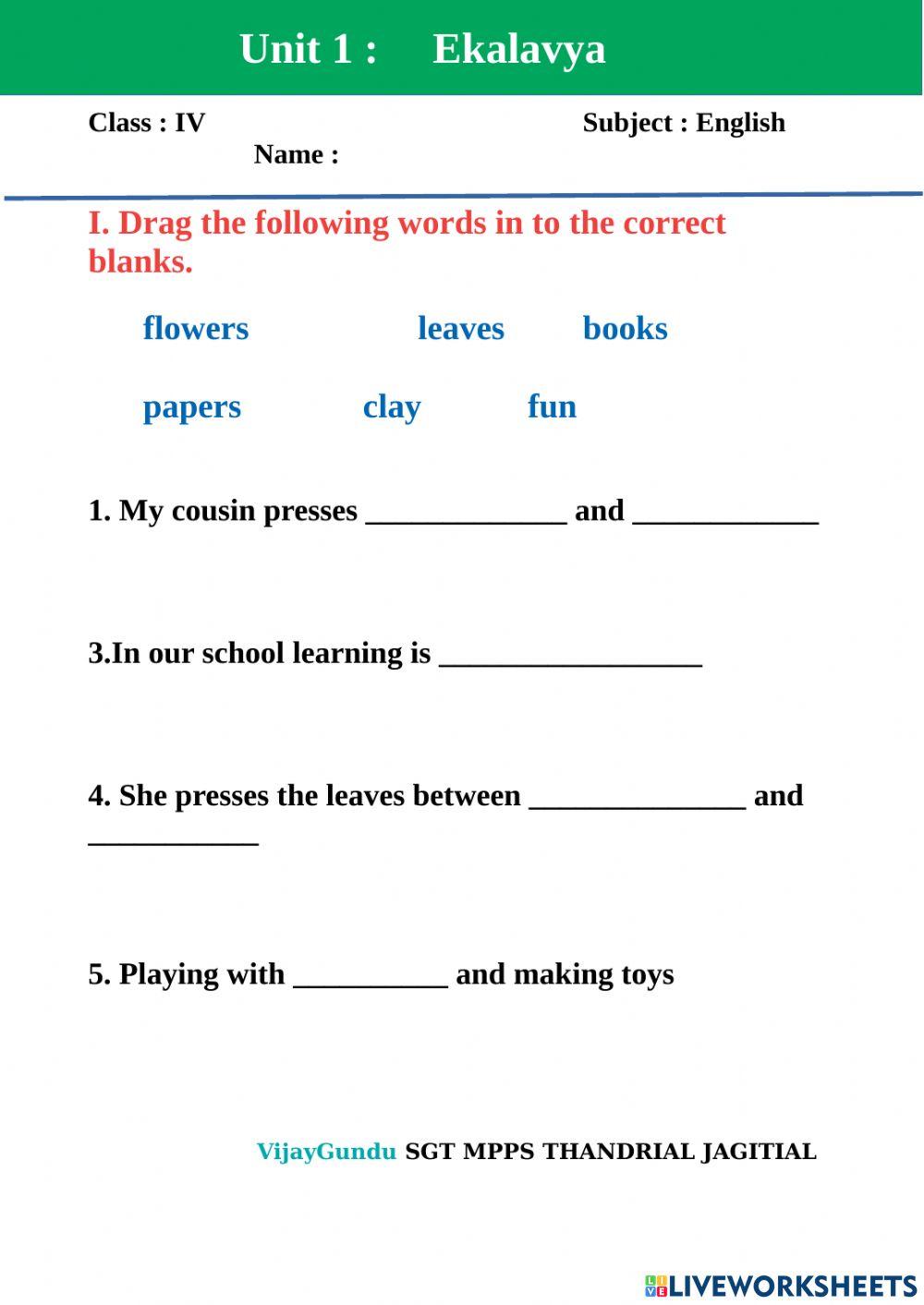 4th eng ekalavya 10 by VIjayGundu worksheet | Live Worksheets