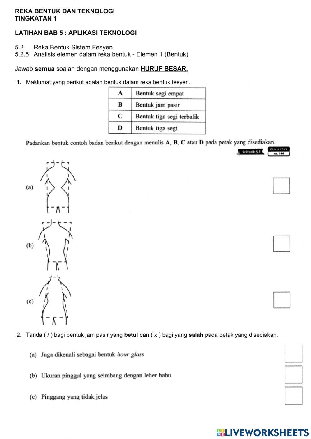 RBT T1 Reka Bentuk Fesyen exercise | Live Worksheets