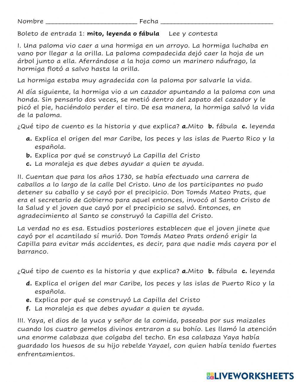 Repaso de mito,… | Free Interactive Worksheets | 1287904