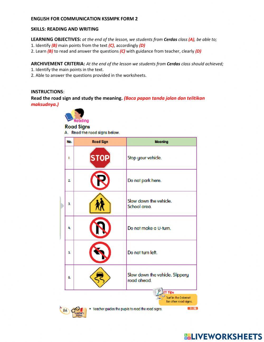 Road sign and traffic light online exercise for | Live Worksheets