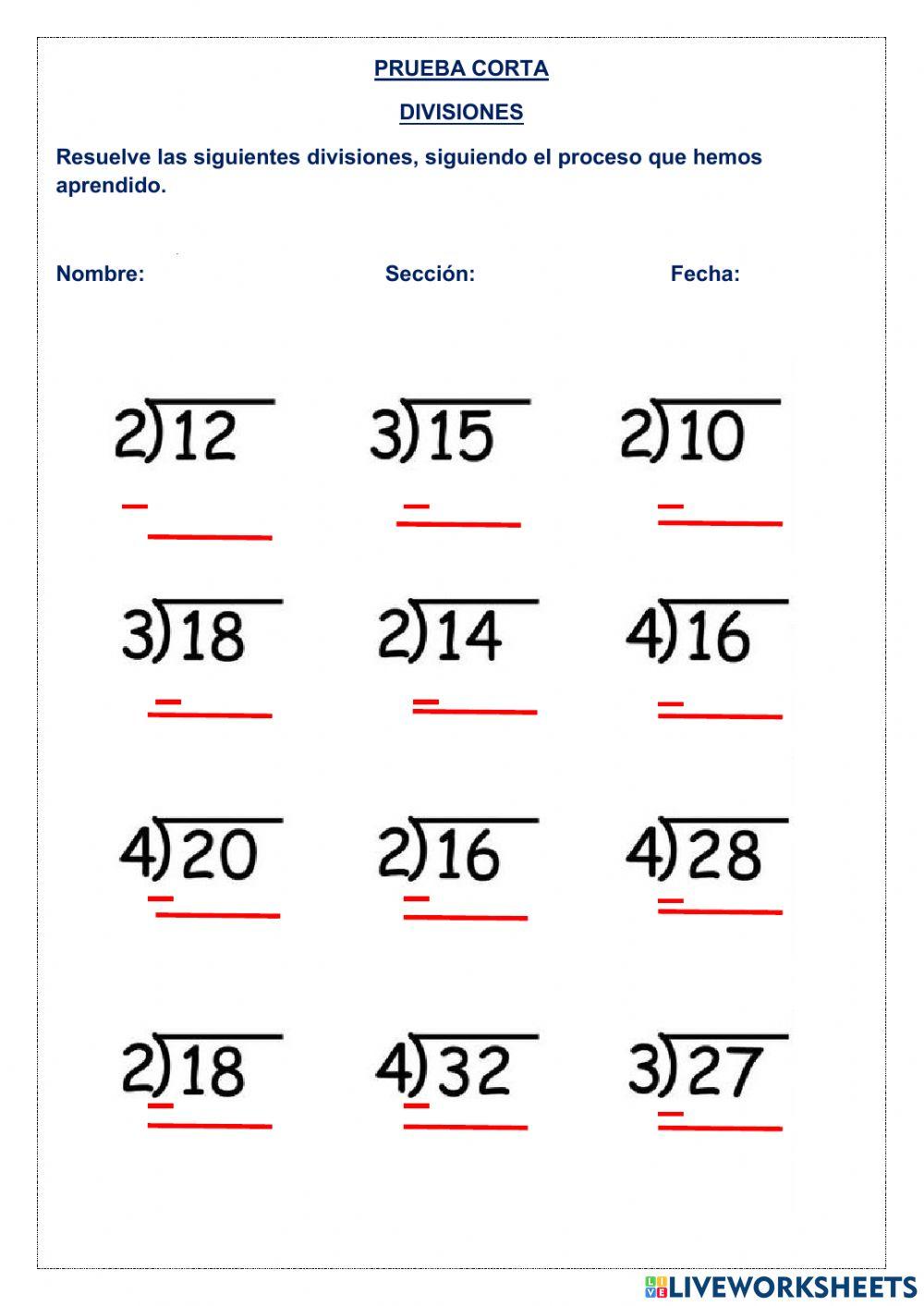 Prueba corta -Divisiones exactas- online exercise for | Live Worksheets