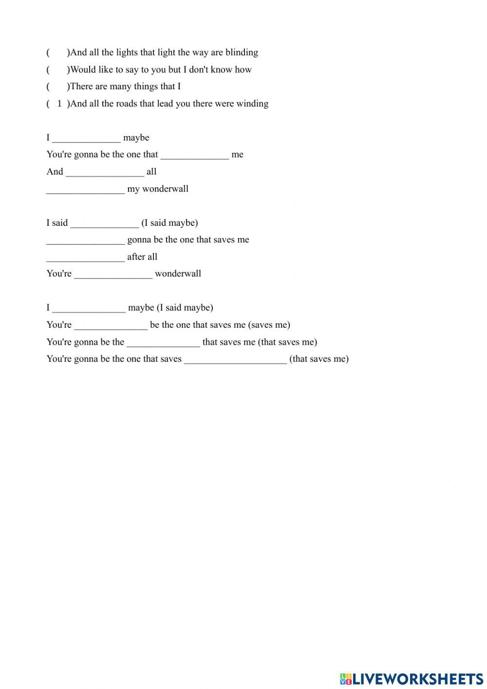 Song: Wonderwall - Oasis - Pre-Intermediate worksheet | Live Worksheets