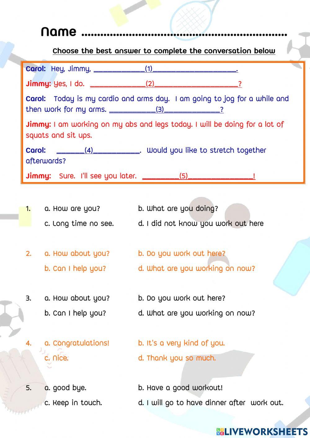 Conversation PE terms worksheet | Live Worksheets