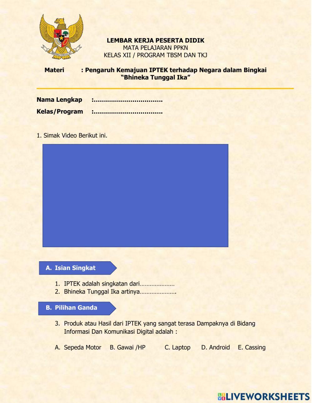 Ppkn - materi iptek - kelas xii worksheet | Live Worksheets