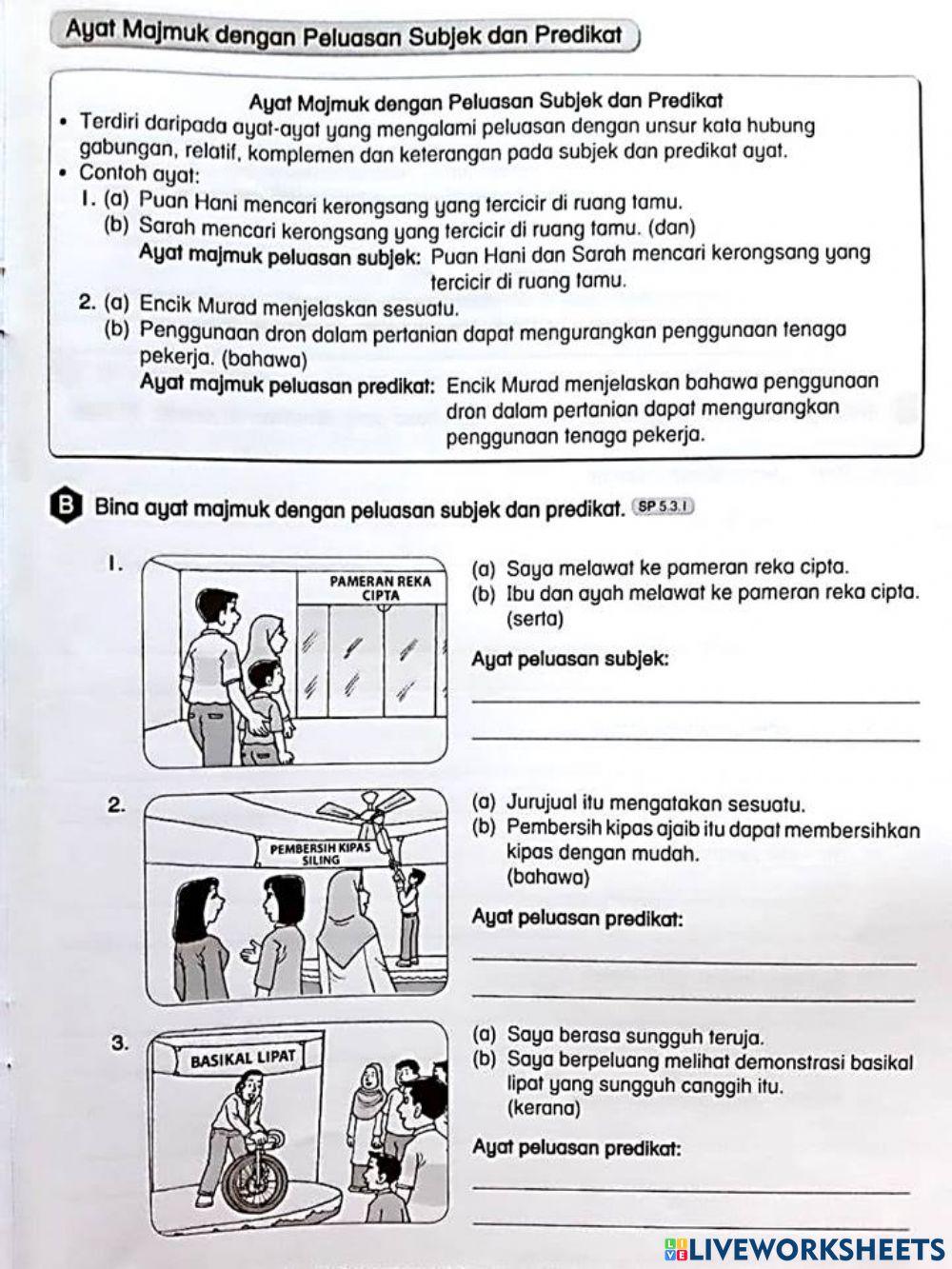 Ayat majmuk peluasan subjek dan predikat worksheet | Live Worksheets